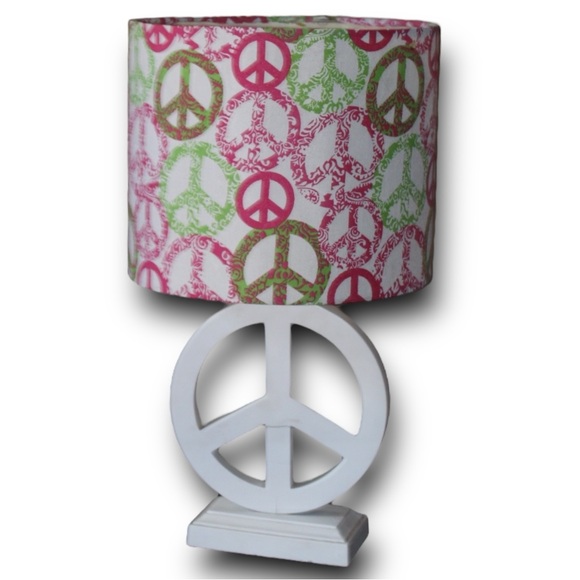 Accents | Rare White Peace Sign Table Lamp Shade 24 Wood 7s Round ...